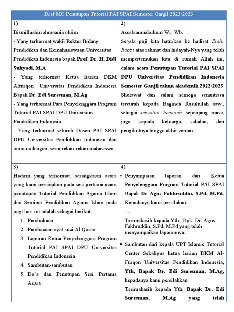 DRAFT MC FORMAL Penutupan Tutorial PAI SPAII | PDF