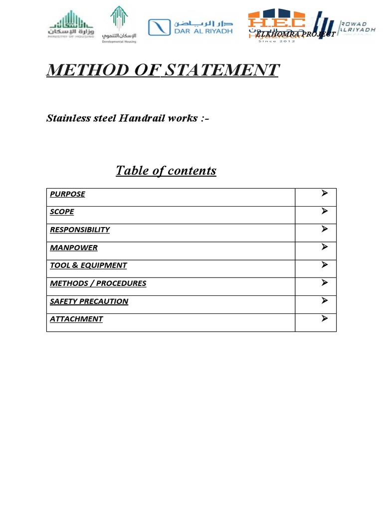 METHOD OF STATEMENT - ALKHOMRA PROJECT - Stainless Steel Handrail | PDF ...