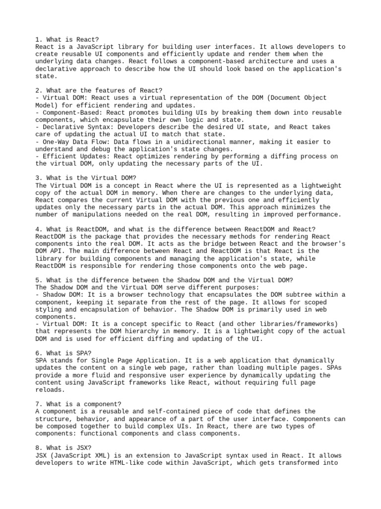 React Interview Questions Pdf Document Object Model Component Based Software Engineering
