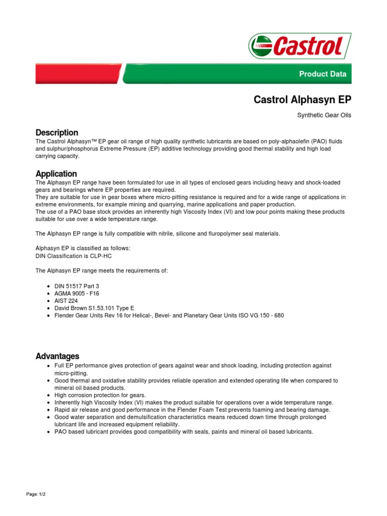 Castrol Alphasyn EP 220 | PDF | Lubricant | Building Engineering