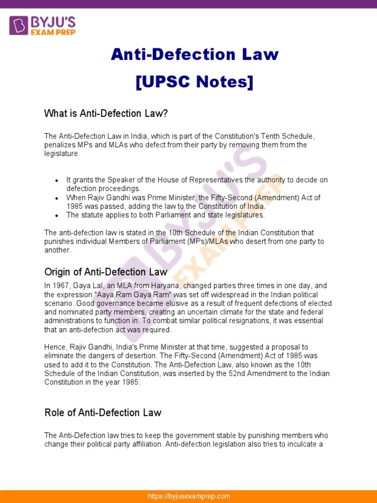 Anti Defection Law Upsc Notes 95 | PDF | Government | Political Law