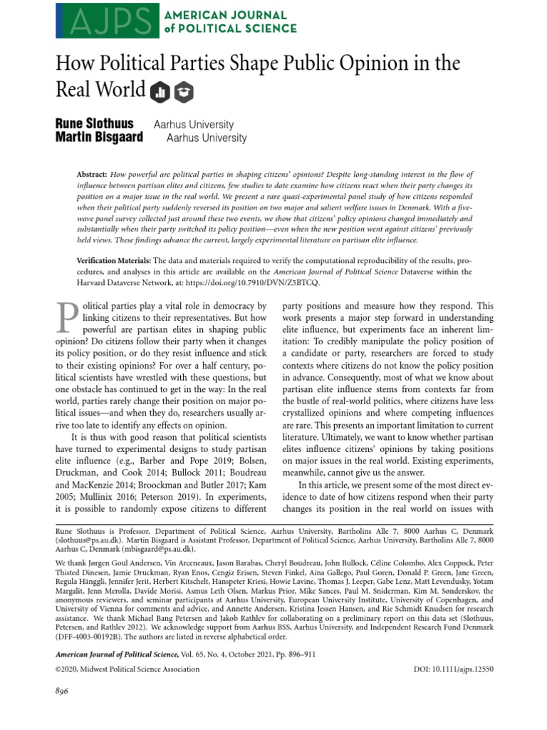 American J Political Sci - 2020 - Slothuus - How Political Parties ...