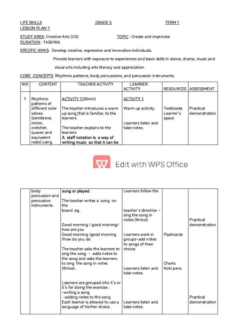 LS-CA Grade 5 Term 1 Lesson Plan 1 | PDF | Rhythm | Performing Arts