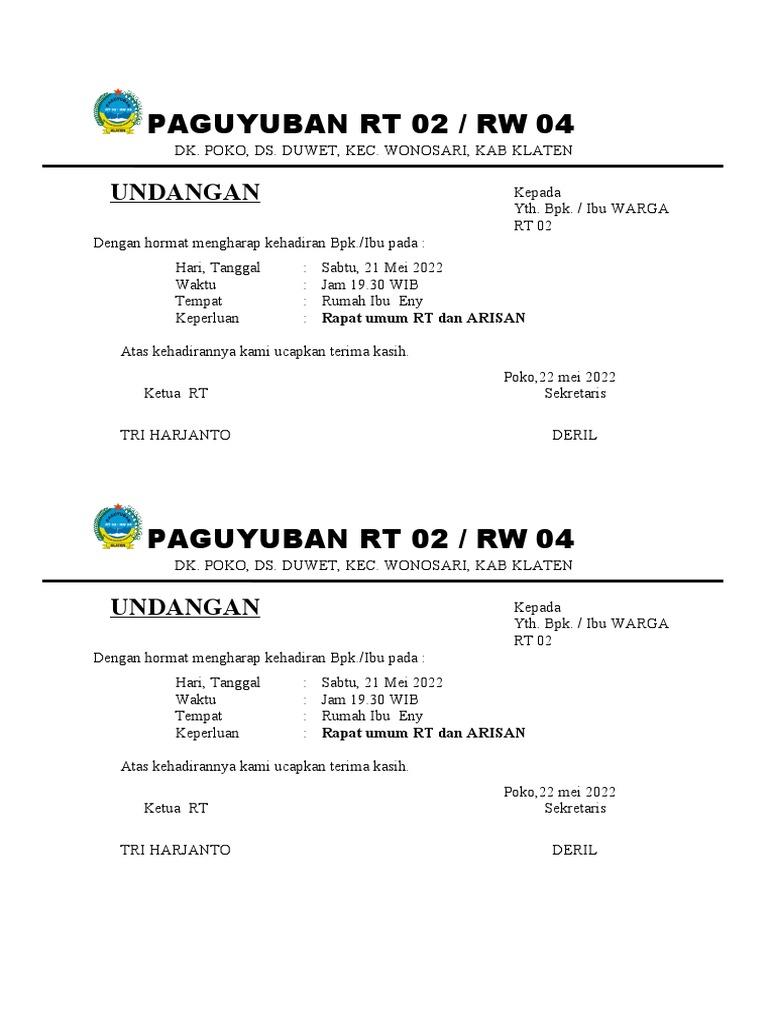 Undangan Rapat Umum RT 02 | PDF