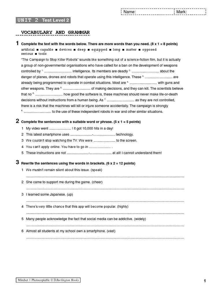 01Mindset1_Unit2_Test_Vocabulary_Grammar | PDF | Robot | Robotics