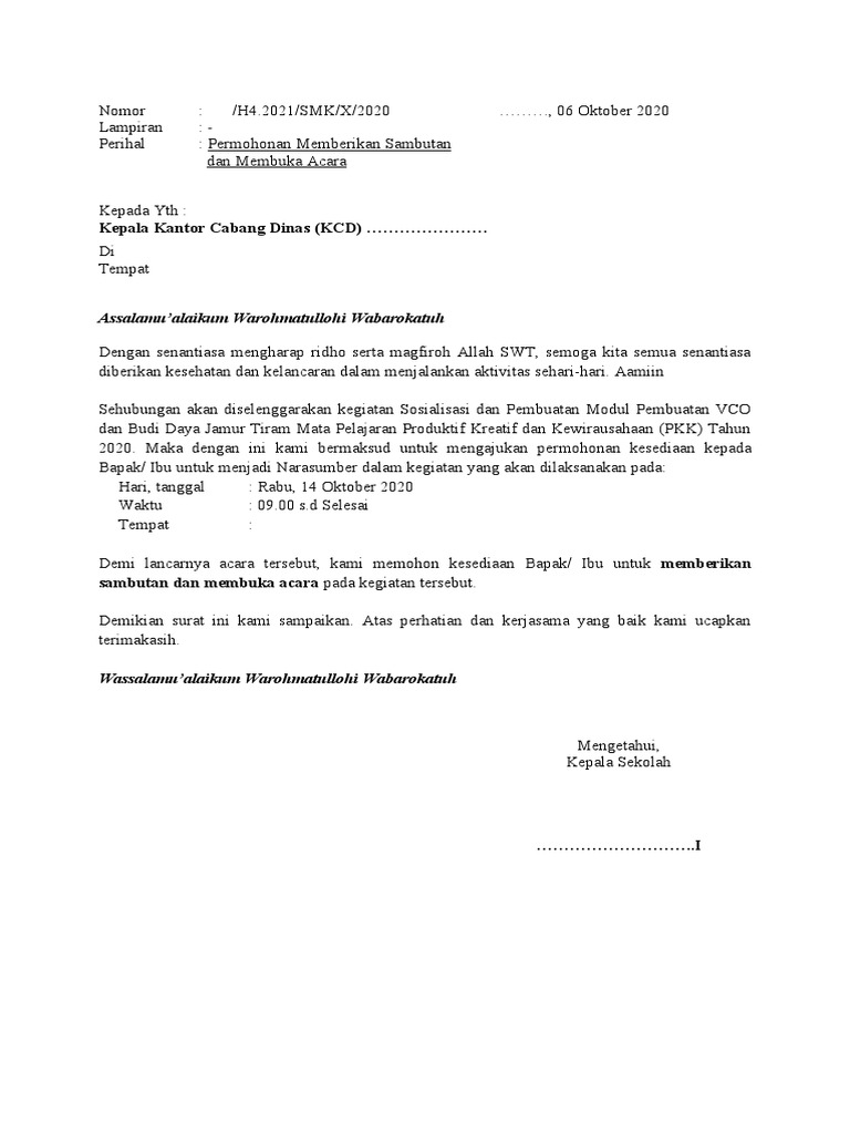 Surat Permohonan Memberikan Sambutan Dan Membuka Acara | PDF