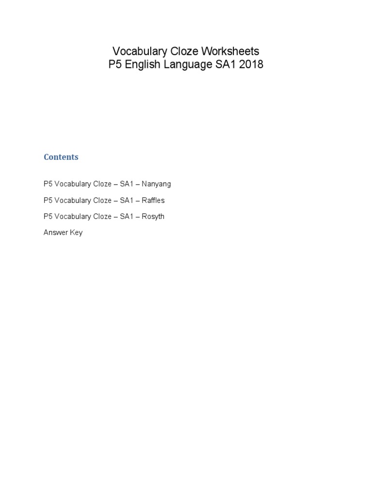 P5 Vocabulary Cloze Worksheets SA1 2018 | PDF