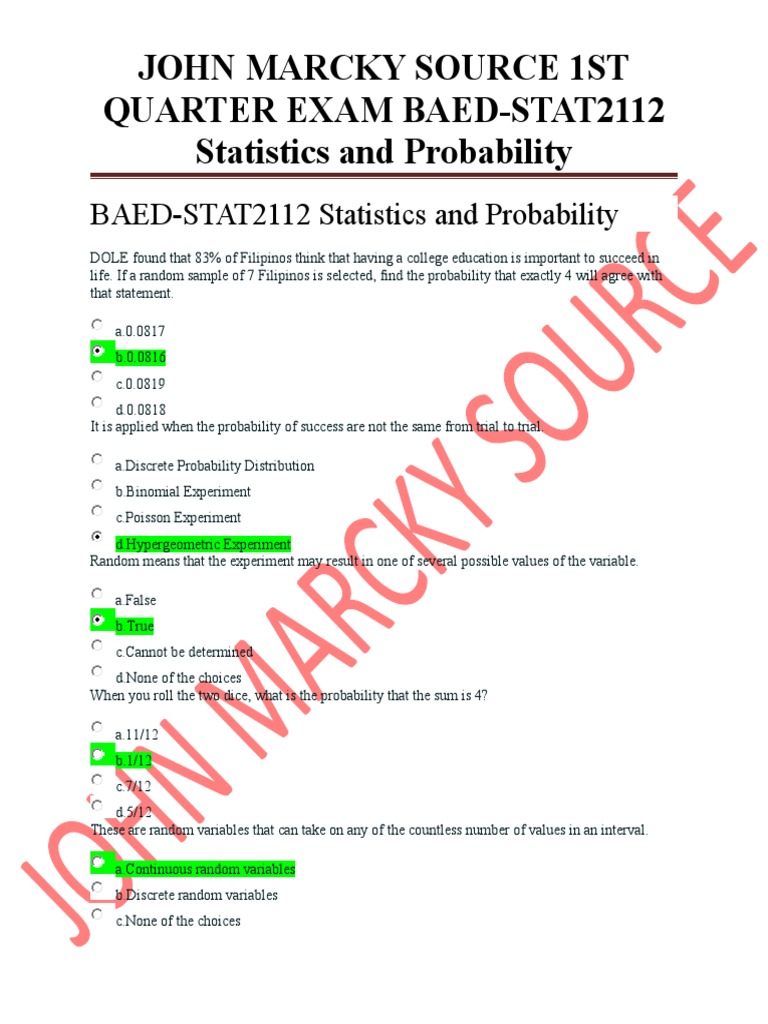 Stat2112 1st and 2nd Quarter Exam | PDF | Probability Distribution ...