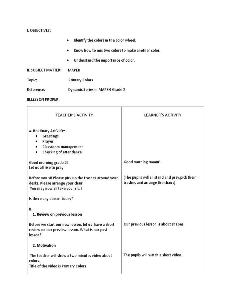 COLORS LESSON PLAN Teaching Arts | PDF