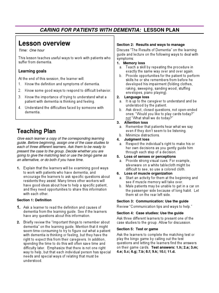 Dementia Care Training Lesson Plan | PDF | Dementia | Learning