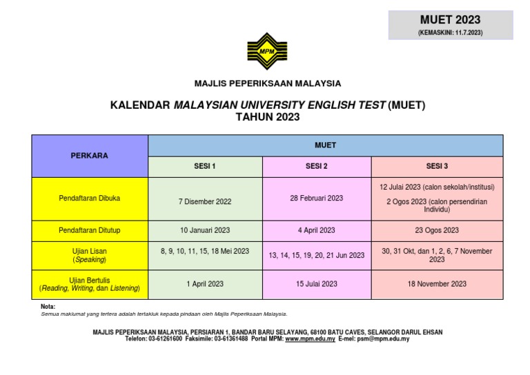 Kalendar MUET Tahun 2023 - Draf Edisi 1172023 | PDF
