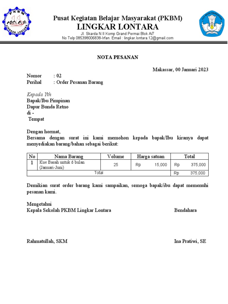 Nota Pesanan Konsumsi Tamu | PDF