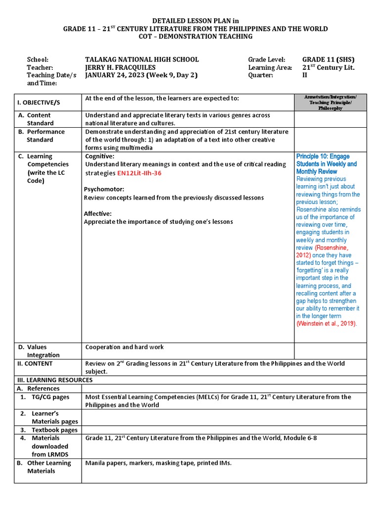COT #1 - Grade 11 (21st Century Literature) | PDF | Learning ...