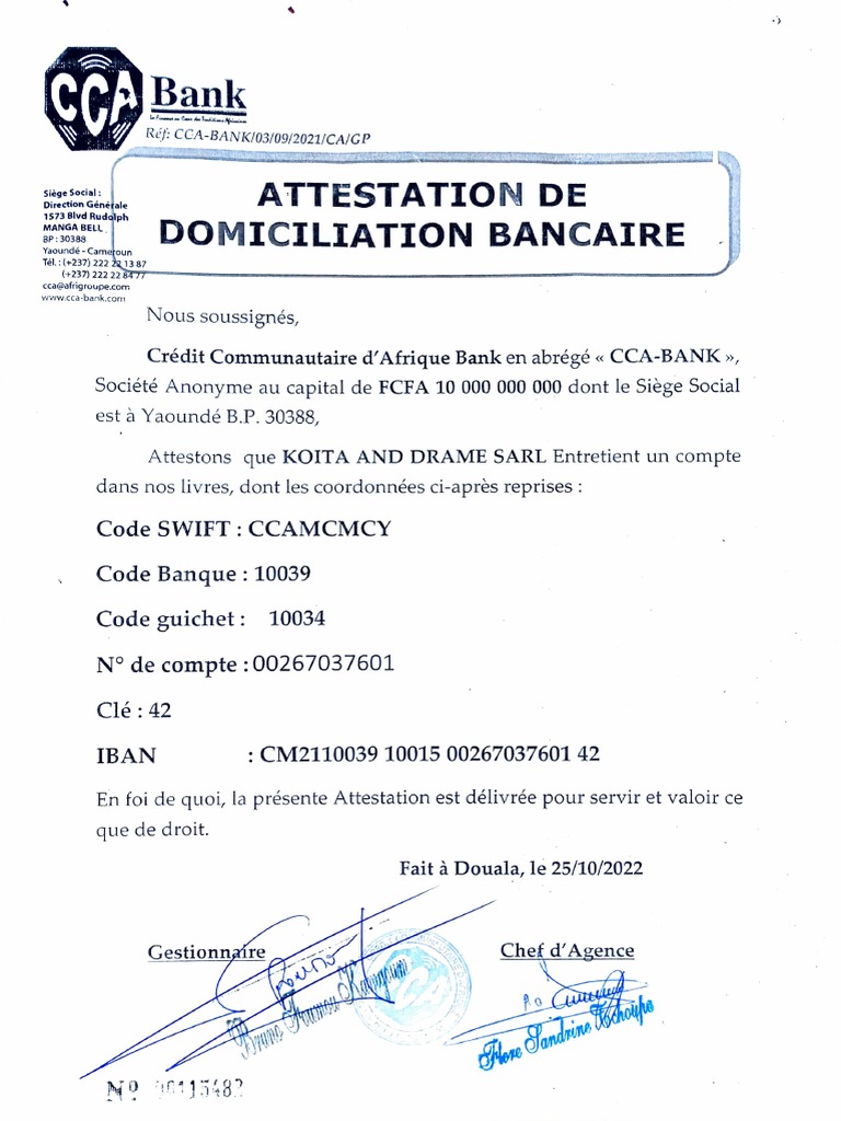 Attestation de Domiciliation CCA Bank | PDF