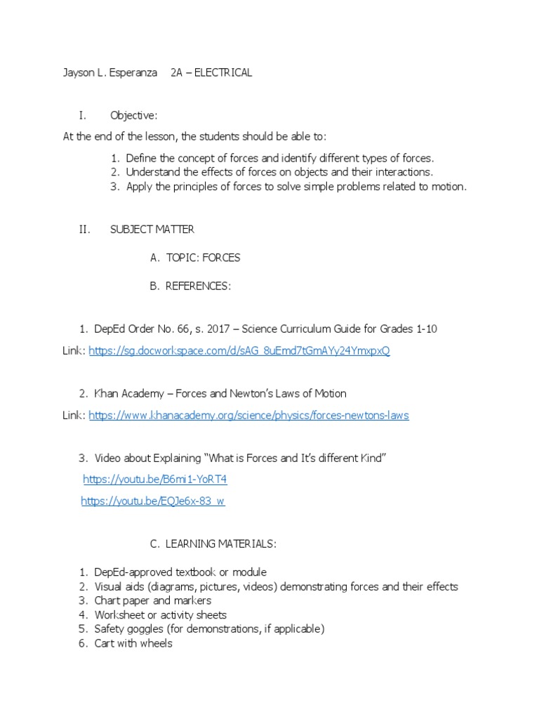 Lesson Plan Exemplar. | PDF | Force | Educational Assessment