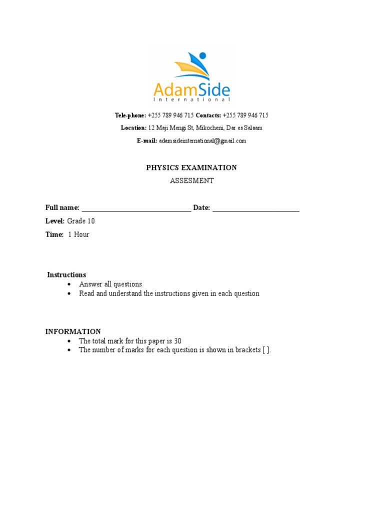 Physics Assessment Grade 10 | PDF | Gases | Physical Sciences