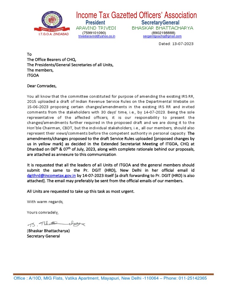 ITGOA Circular On Amendment of IRS RR-13.07.23 | PDF