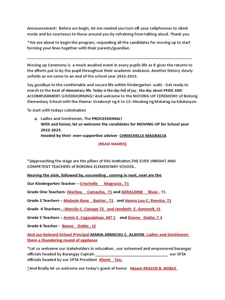 Bokong Elementary Moving Up Ceremony 2023 | PDF