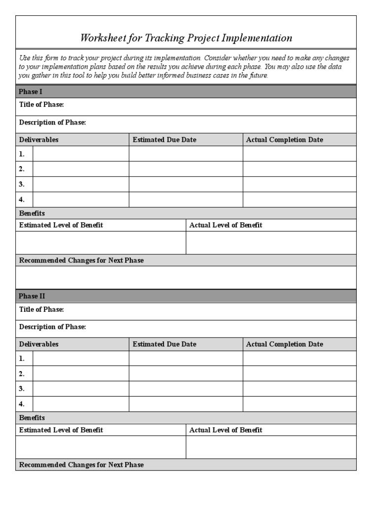Worksheet For Tracking Project Implementation | PDF