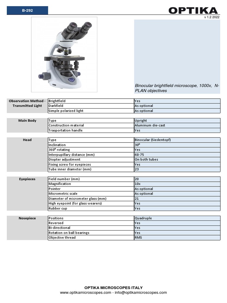 OPTIKA B-292 Technical Datasheet EN | PDF | Optics | Materials Science
