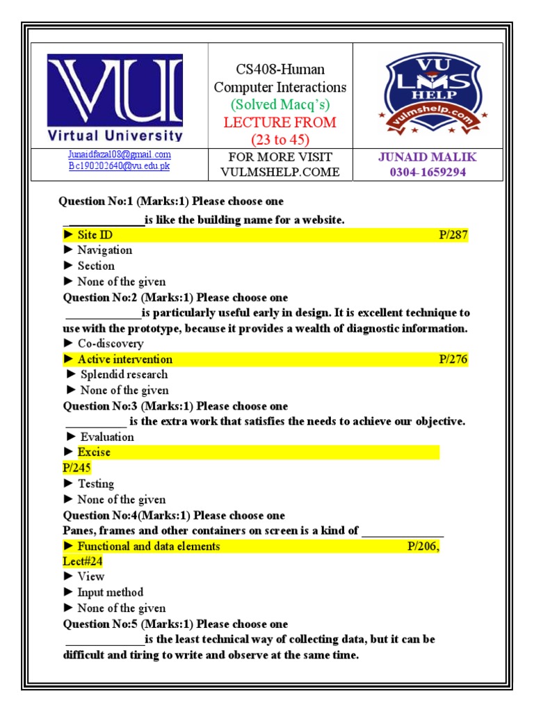 Cs408 Solved Mcqs Final Term by Junaid | PDF | Usability | Human–Computer Interaction