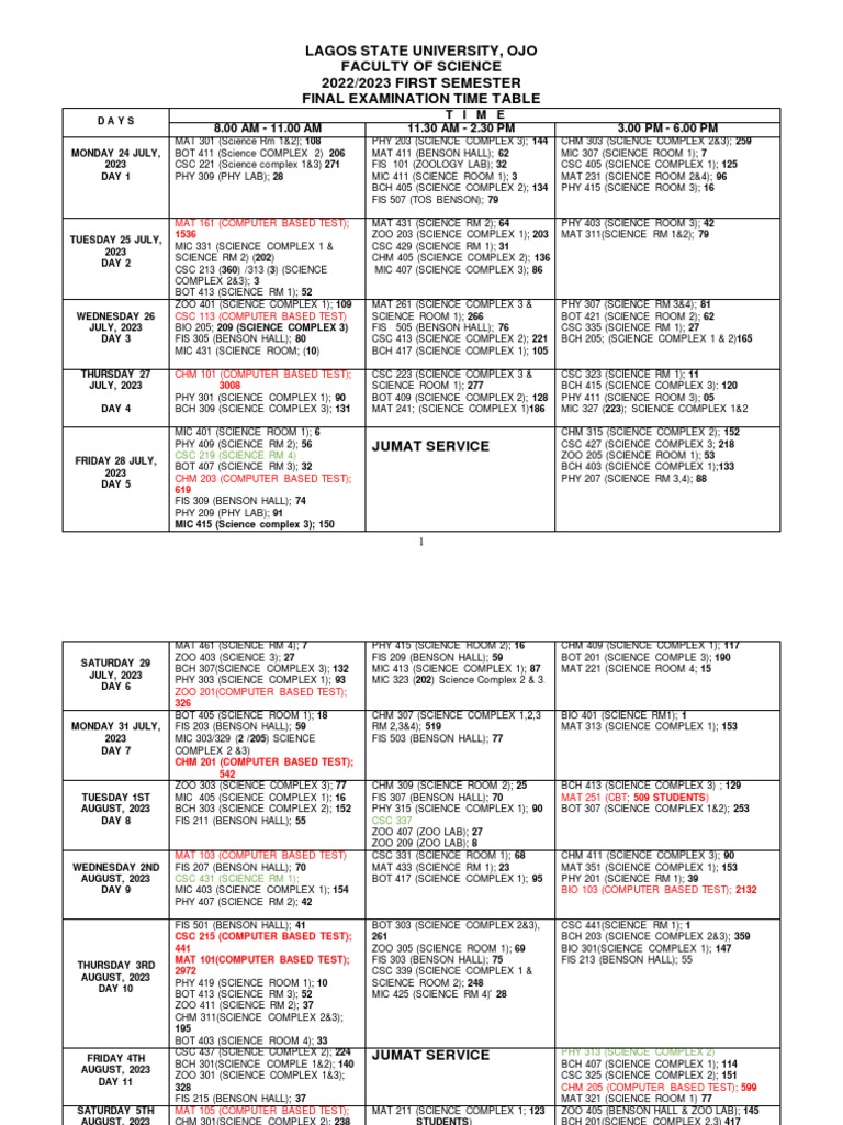 2022-2023 Fos Final First Semester Examination Time-Table July 17 | PDF