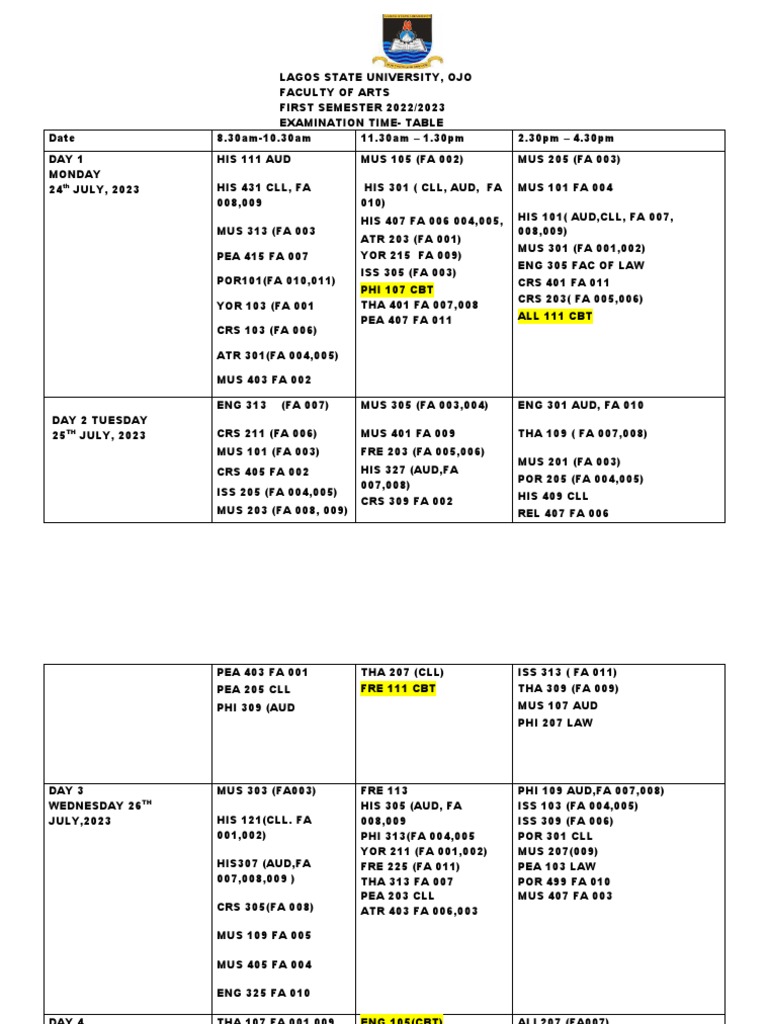 First Semester Exam Timetable 2023 | PDF