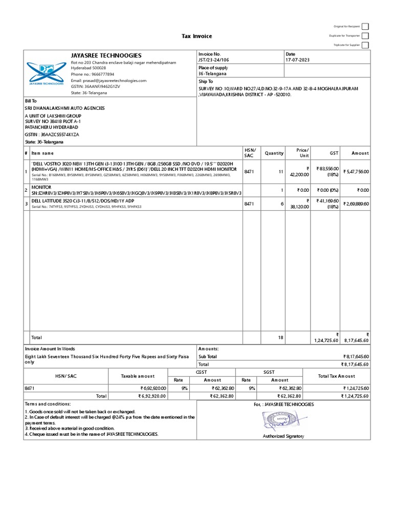 Sri Dhana Invoice For Dell Systems 106 | PDF | Economies | Taxes