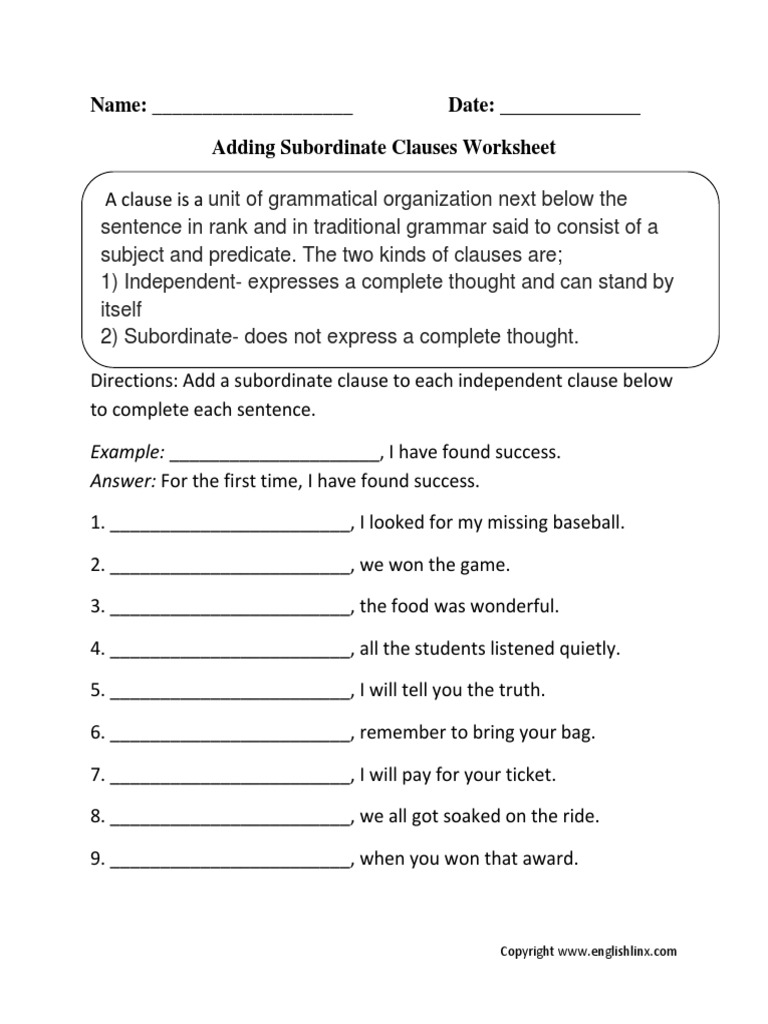 Adding Subordinate Clauses Worksheet | PDF