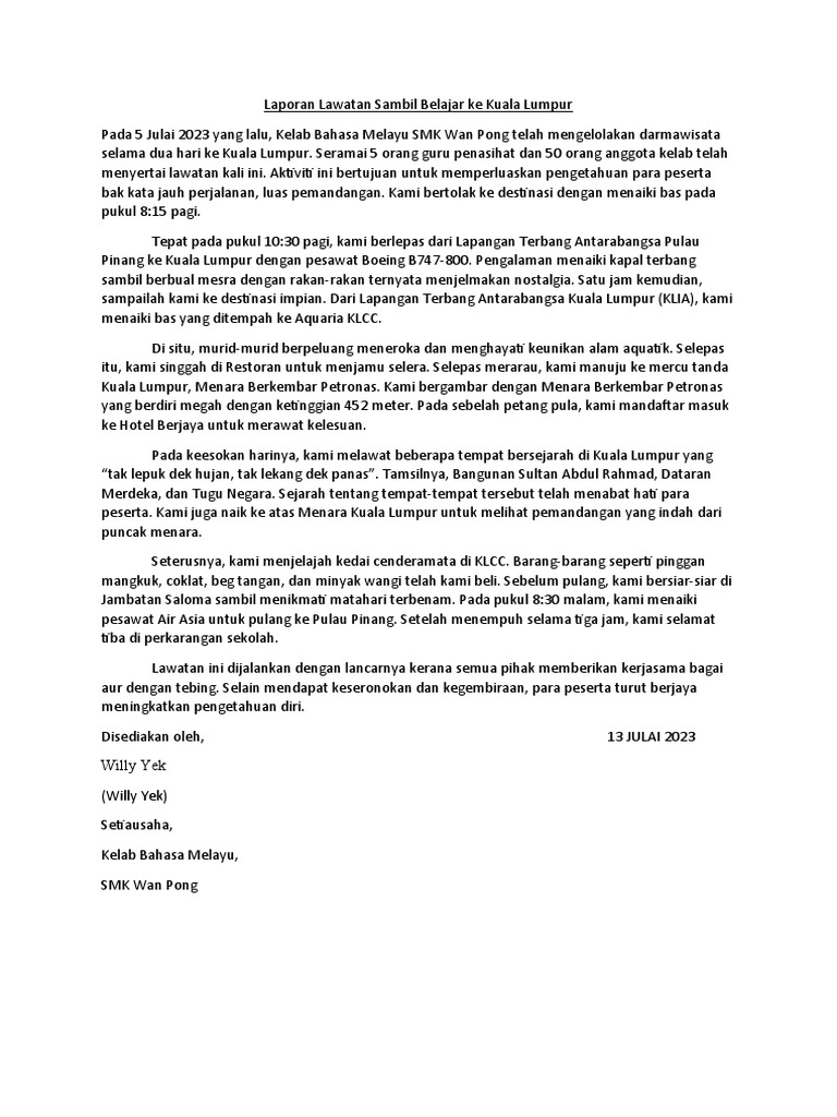 Laporan Lawatan Sambil Belajar Ke Kuala Lumpur | PDF