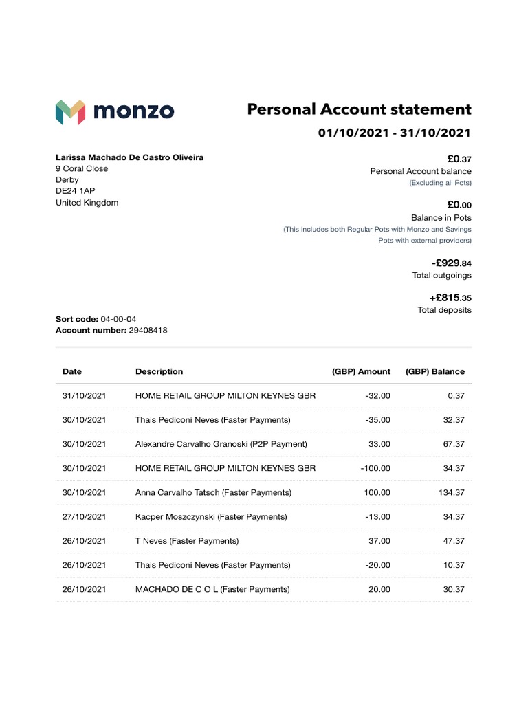 Monzo Bank Statement 2021 10 01-2021 10 31 5012 | PDF | Deposit Account ...