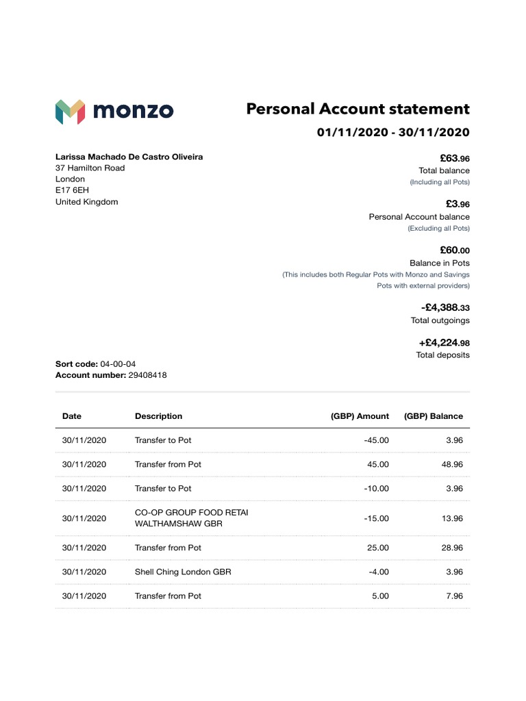 Monzo Bank Statement 2020 11 01-2020 11 30 1836 | PDF | Deposit Account ...