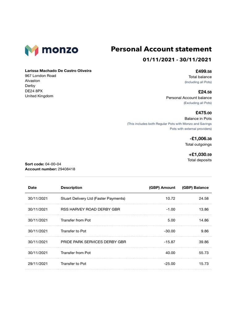 Monzo Bank Statement 2021 11 01-2021 11 30 1802 | PDF | Deposit Account ...