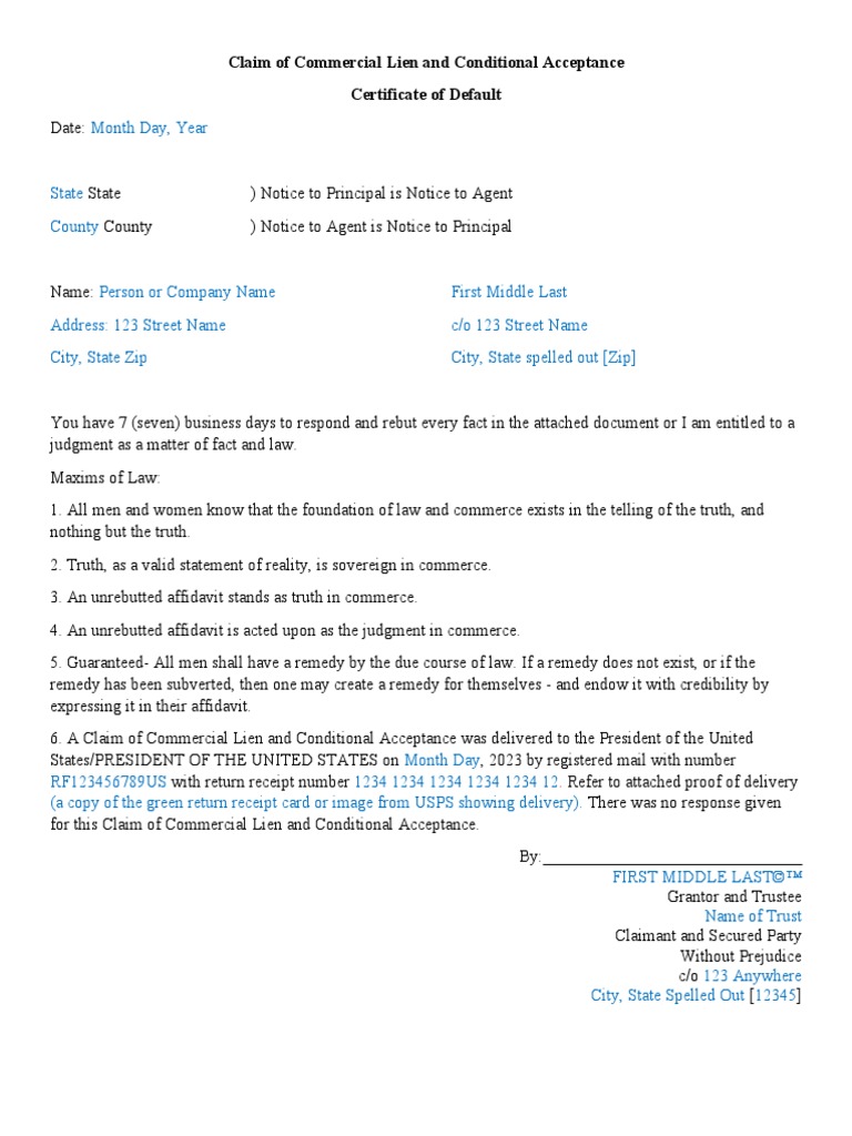 Certificate of Default For Claim of Commercial Lien and Conditional Acceptance | Download Free ...