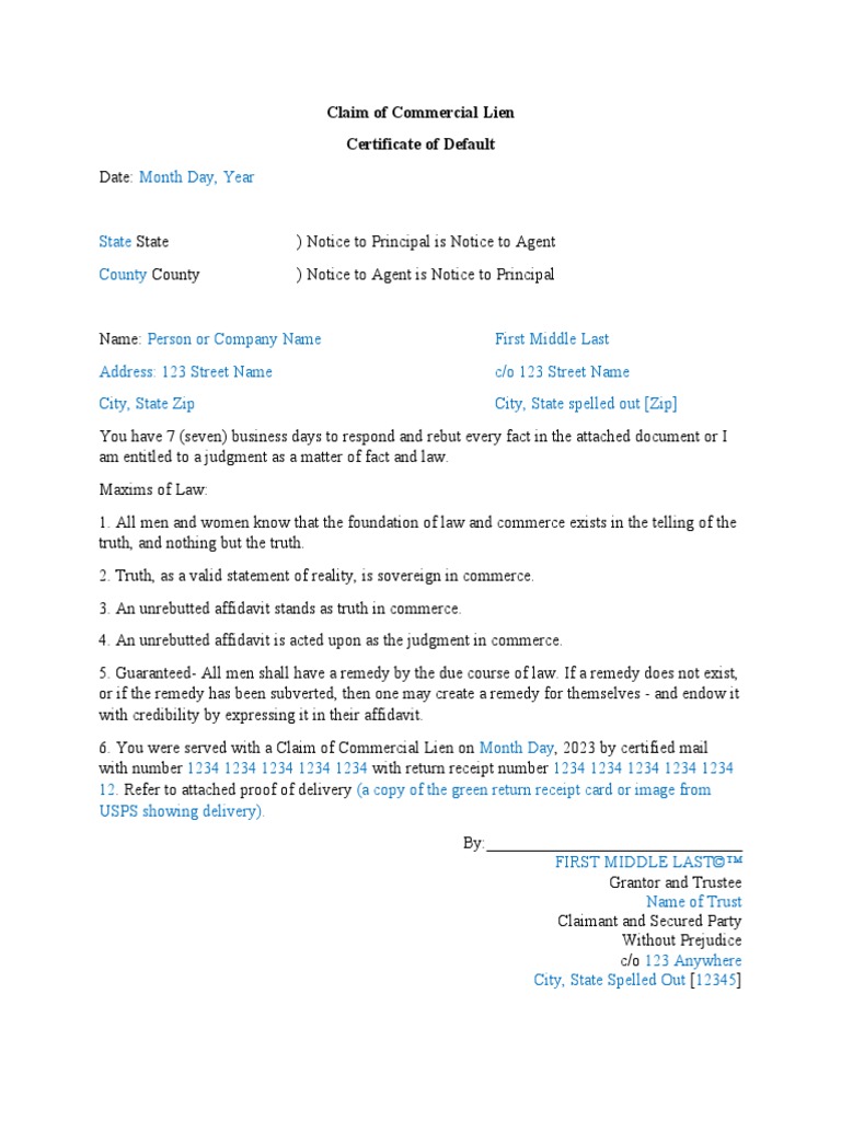 1. Certificate of Default for Claim of Commercial Lien | PDF ...