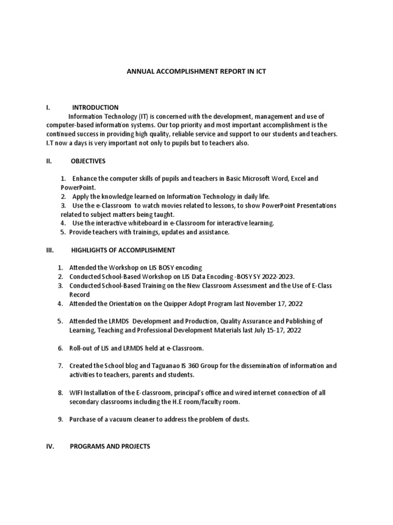 ICT Annual Accomplishment Report | PDF | Teachers | Information Technology