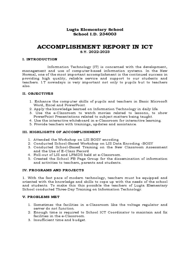 Accomplishment Report ICT 1 | PDF | Teachers | Information Technology