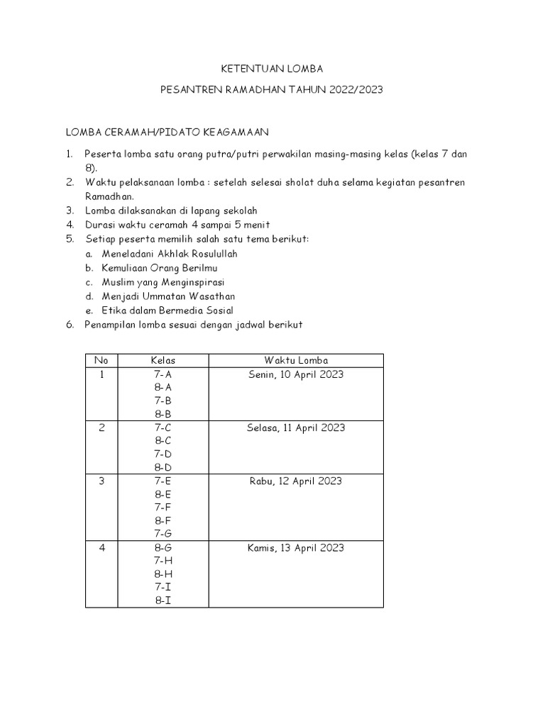 Ketentuan Lomba Dalam Kegiatan Pesantren Kilat | PDF