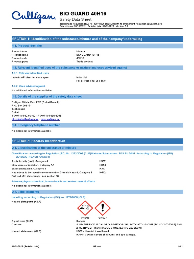 SDS Bio Guard 40H16 EN ME | PDF | Toxicity | Medical Specialties