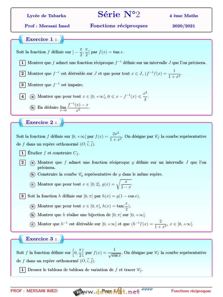 Série D'exercices N°2 - Math - Fonctions Réciproques - Bac Mathématiques (2020-2021) MR Mersani ...