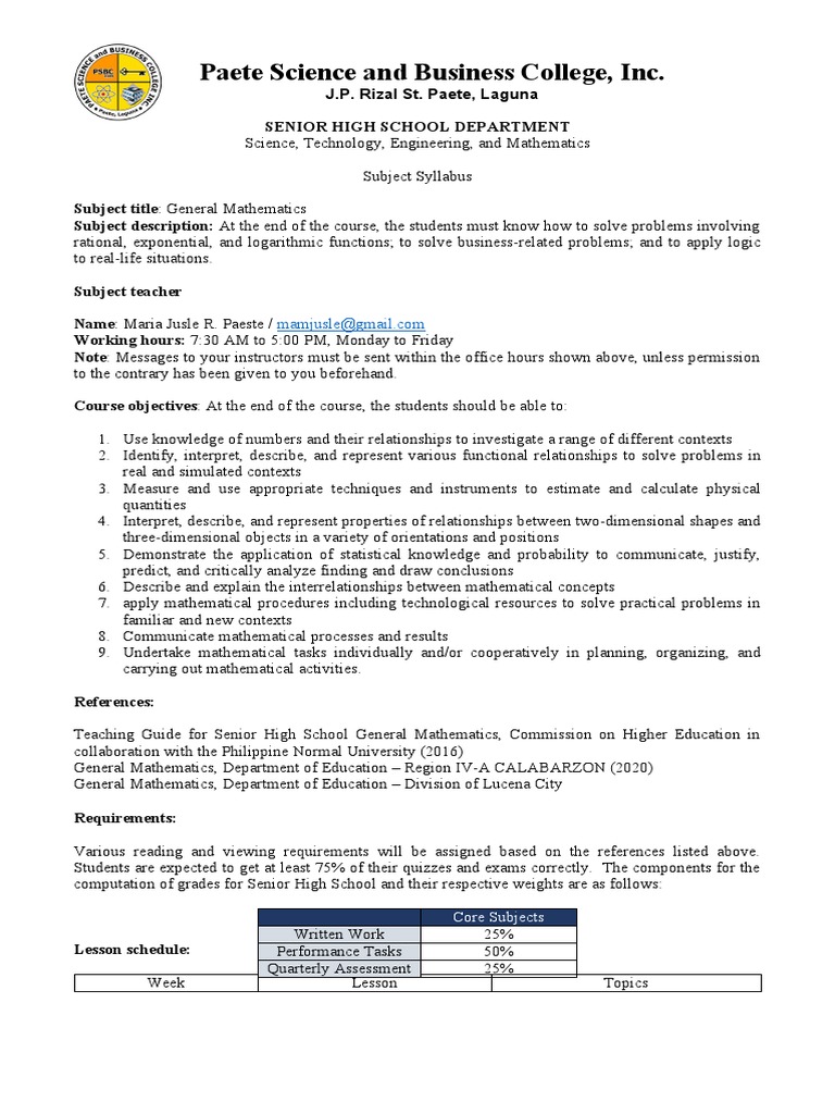 GENERAL-MATHEMATICS Syllabus | PDF | Function (Mathematics) | Mathematics