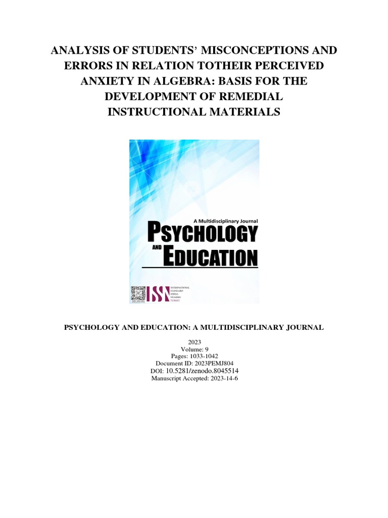 Analysis of Students' Misconceptions and Errors in Relation To Their Perceived Anxiety in ...