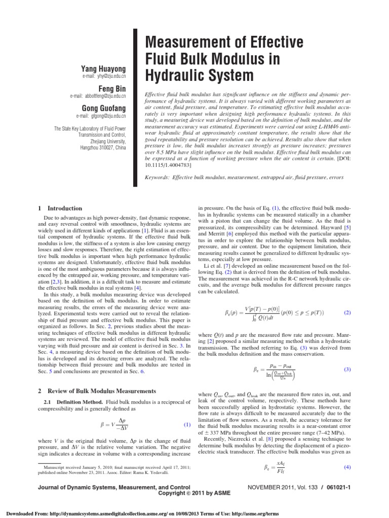 Measurement of Effective Fluid Bulk Modulus in Hydraulic System | PDF ...