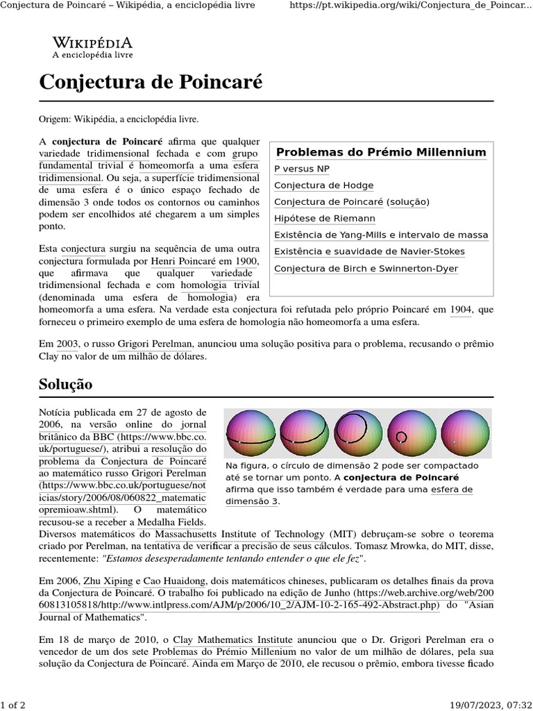 Conjectura de Poincaré - Wikipédia, A Enciclopédia Livre | PDF ...
