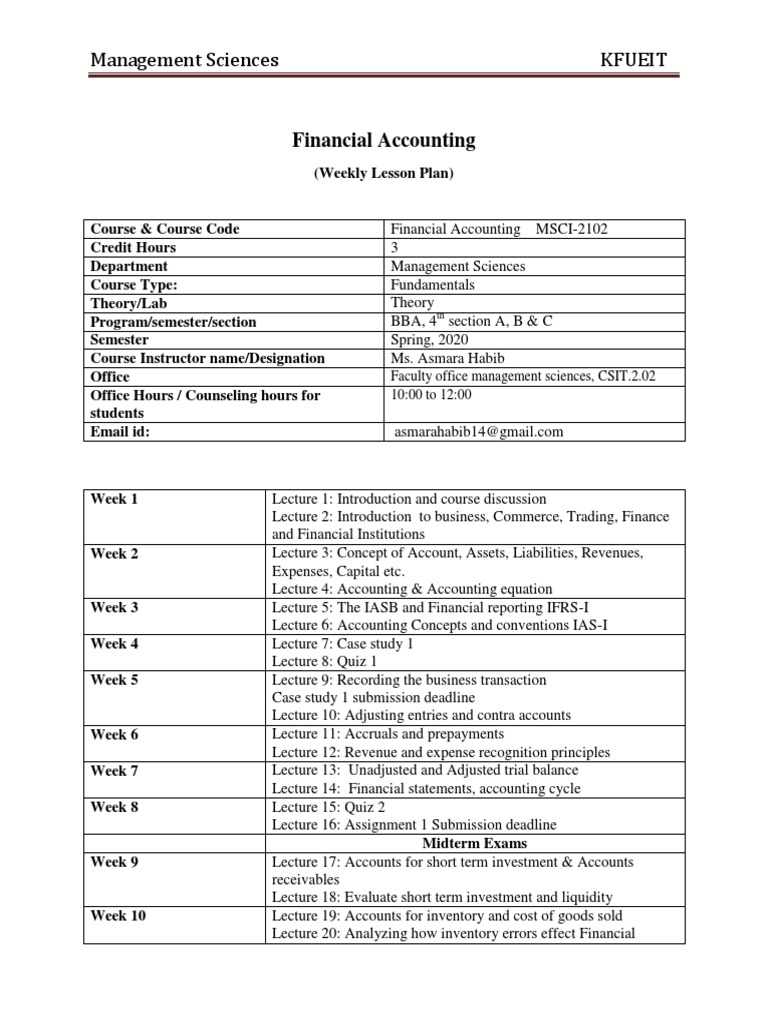 Financial Accounting Weekly Plan | PDF | Financial Accounting | Equity ...