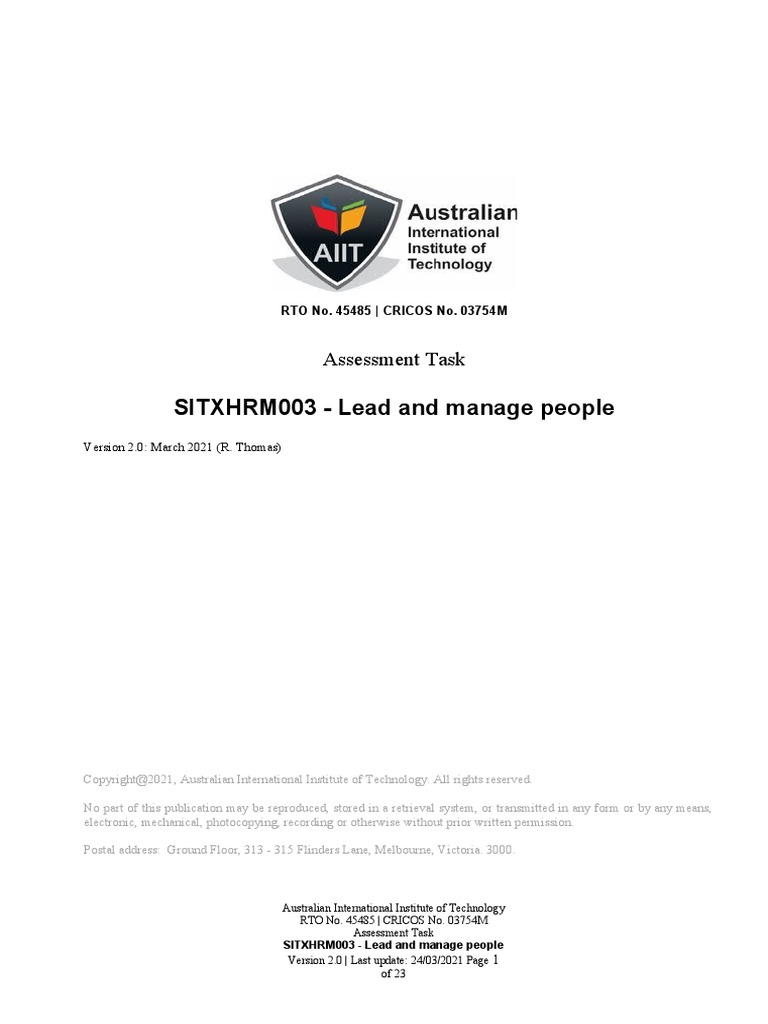 SITXHRM003 Assessment 1 2 | PDF | Leadership | Motivation