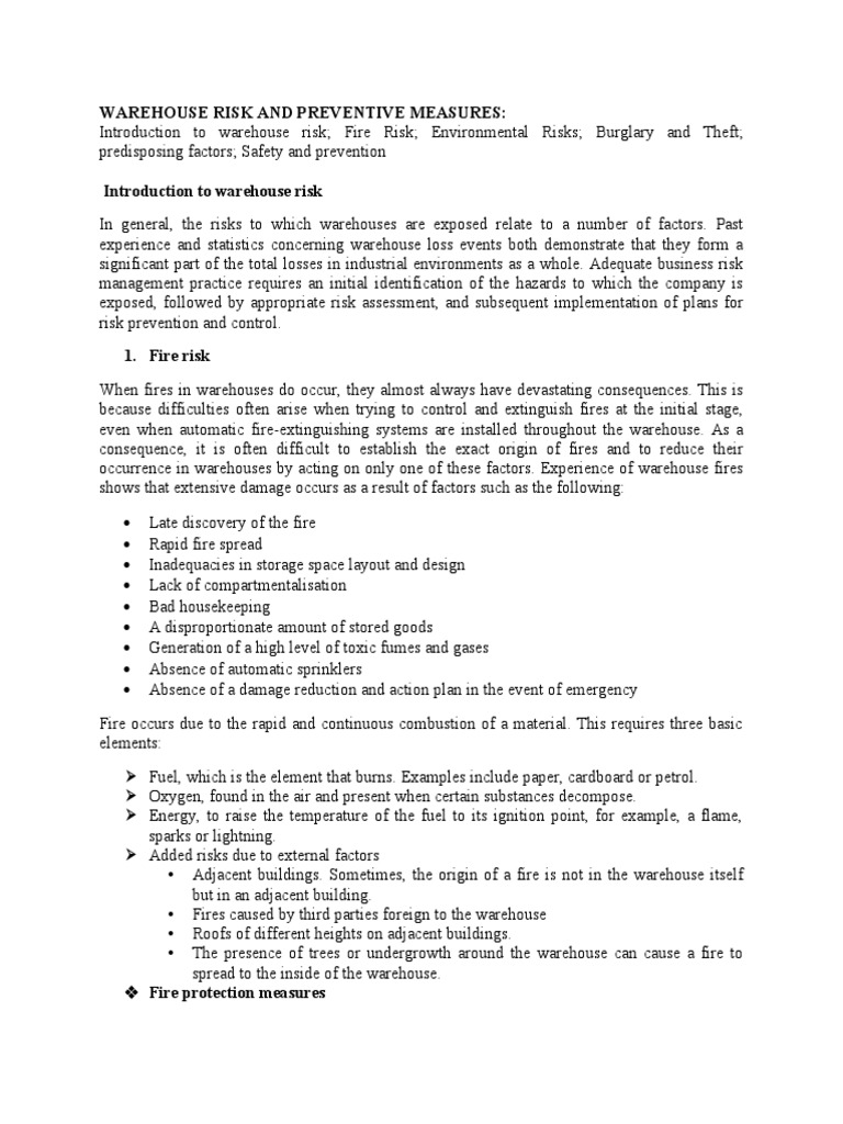 Topic 6 Warehouse Risk and Preventive Measures | PDF | Fires | Risk