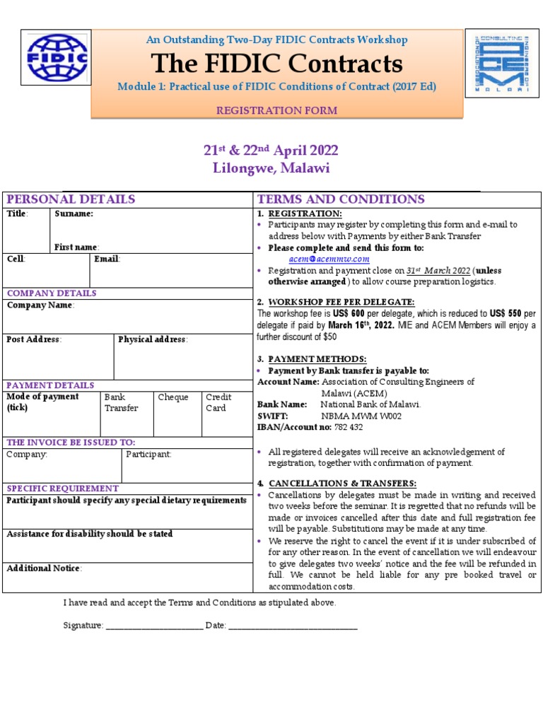 FIDIC 2022 Training Registration Form | Download Free PDF | Payments ...