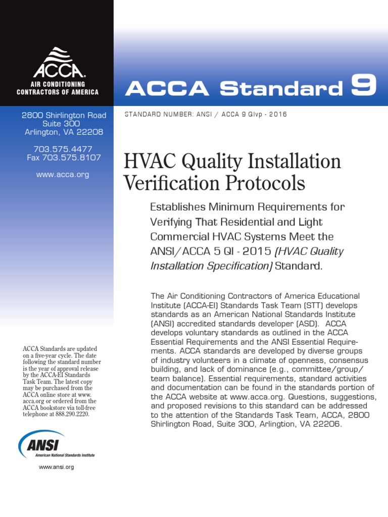 ANSI-ACCA Standard 9-2016 HVAC Quality Installation Verification ...