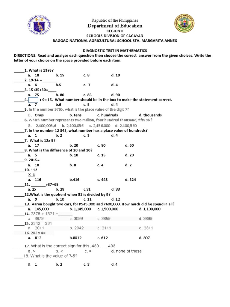 Math Diagnostic Test | Download Free PDF | Mathematics